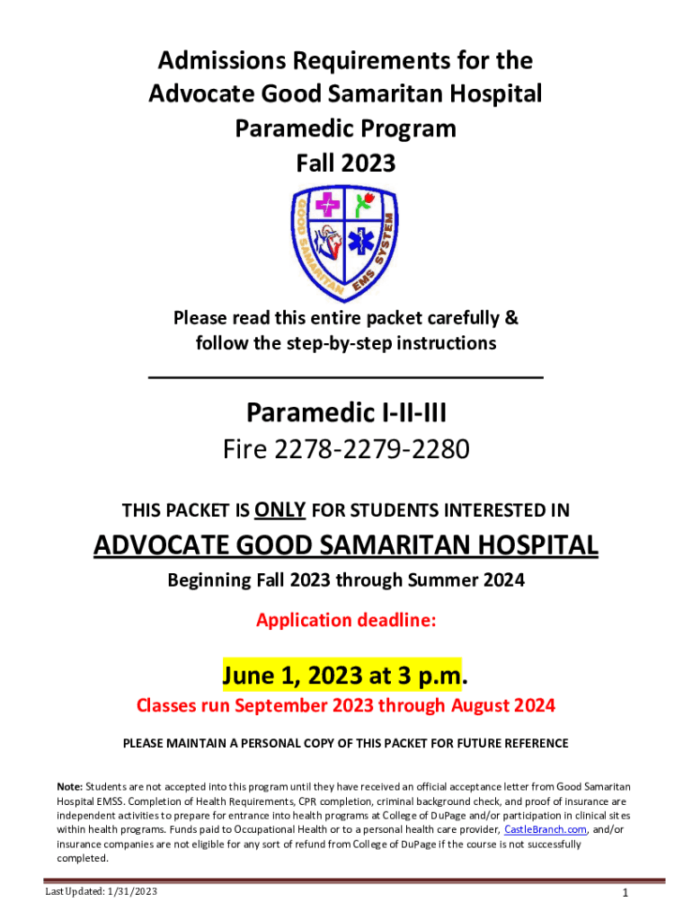 Fillable Online Admissions Requirements for the Advocate Good Samaritan ...