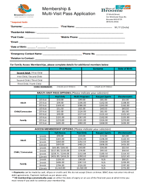 Fillable Online Membership & Multi-Visit Pass Application - Shire of ...