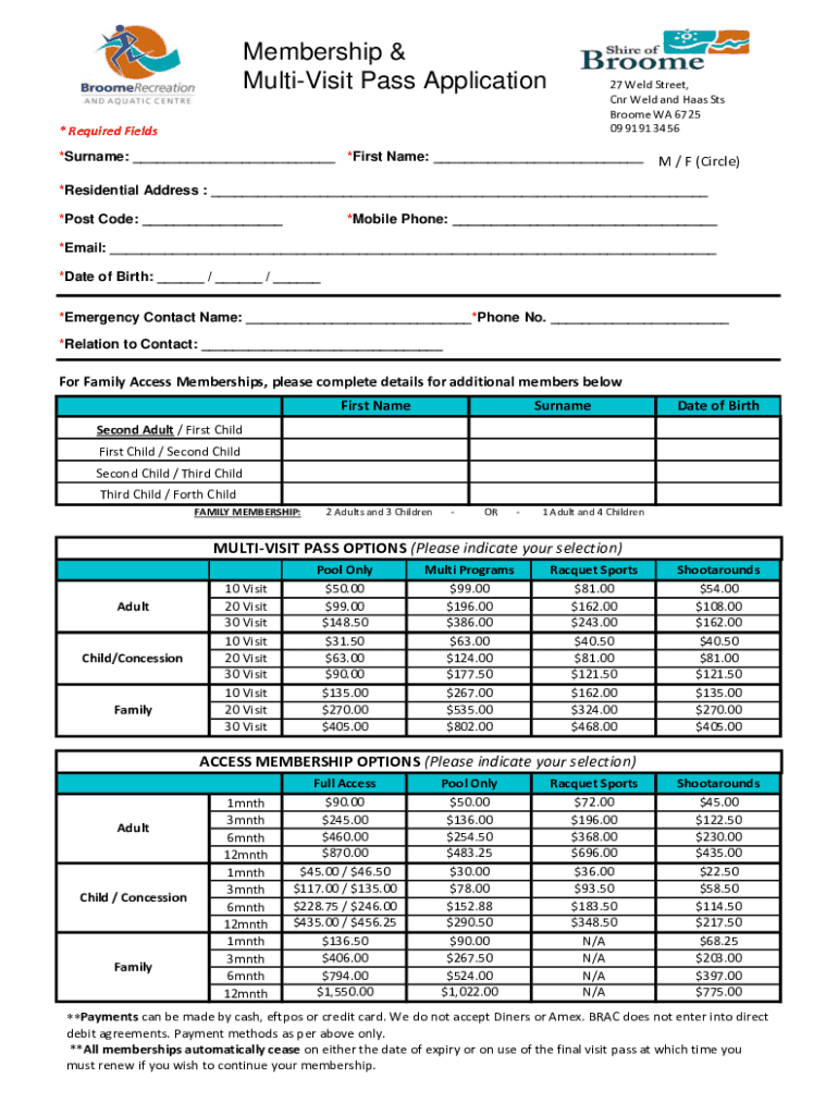 Fillable Online Membership & Multi-Visit Pass Application - Shire of ...