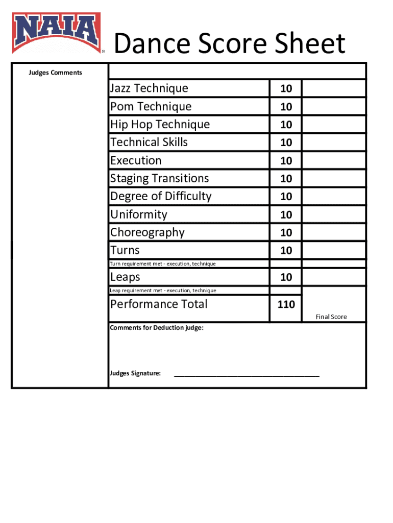 Fillable Online DANCE SCORE SHEET - Varsity.com Fax Email Print - pdfFiller