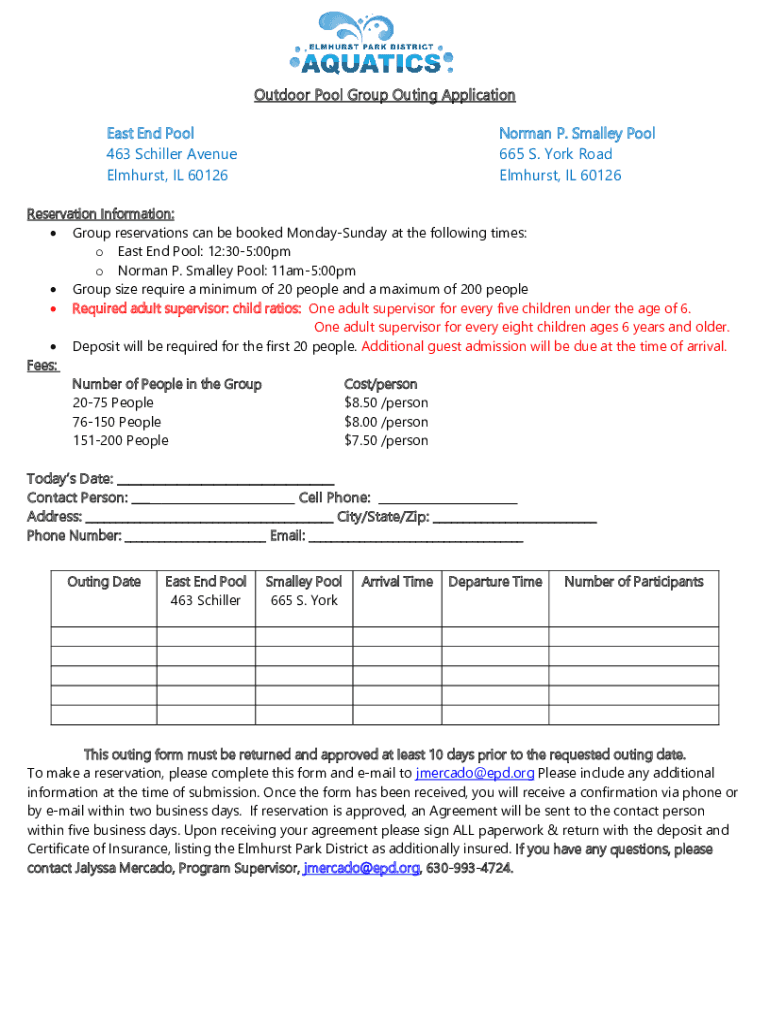 Fillable Online Outdoor Pool Group Outing Application - Elmhurst Park ...