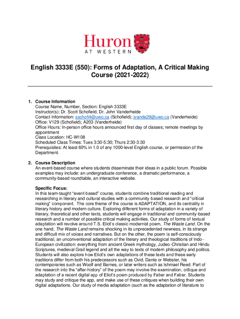 Fillable Online English 3333E (550): Forms of Adaptation, A Critical ...