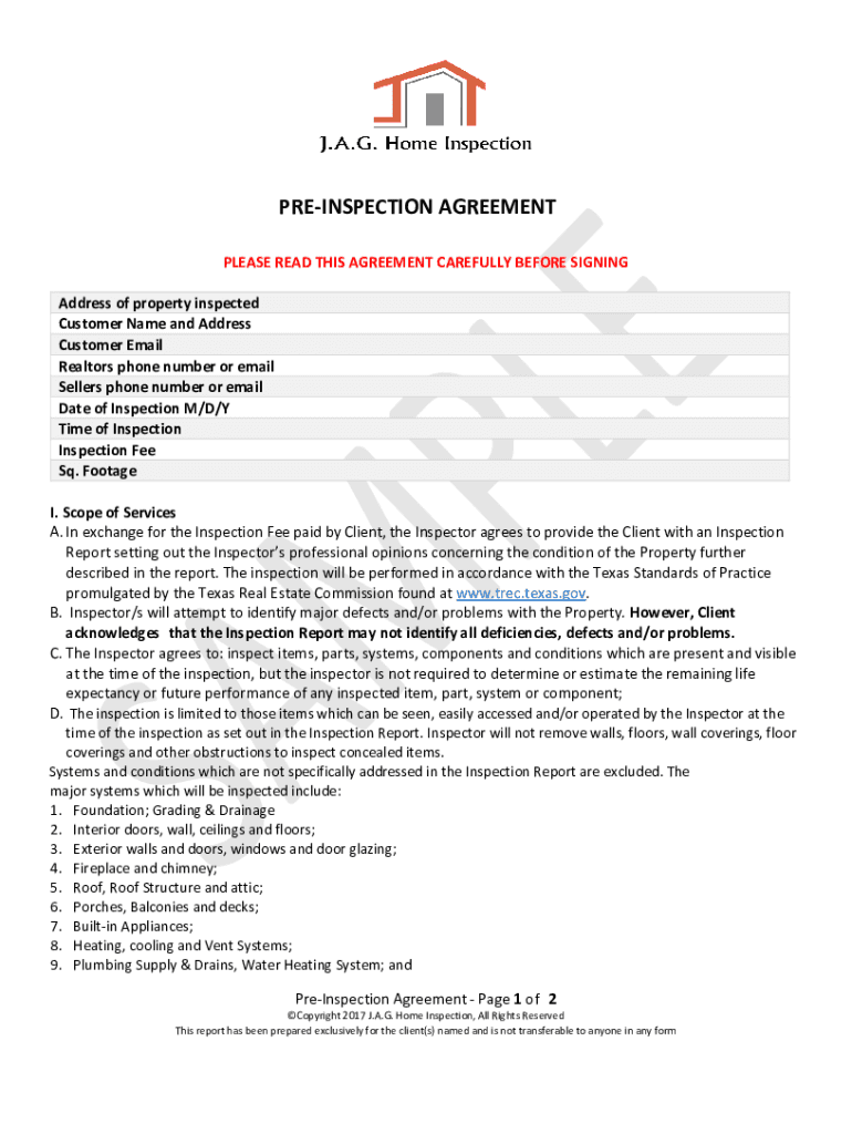 Fillable Online Pre-Inspection Agreement - Good Deeds Home Inspection ...