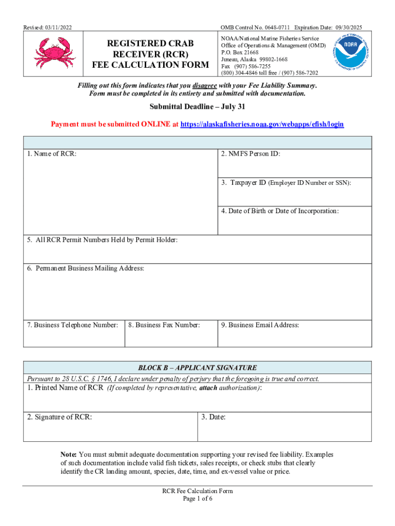 Fillable Online Registered Crab Reciever (RCR) Fee Calculation Form ...