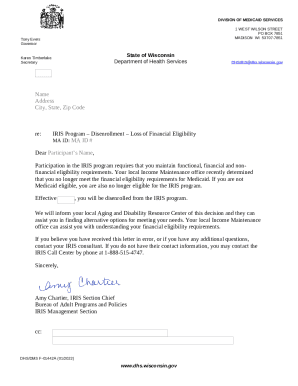 IRIS Disenrollment Letter - Financial Eligibility Doc Template | pdfFiller