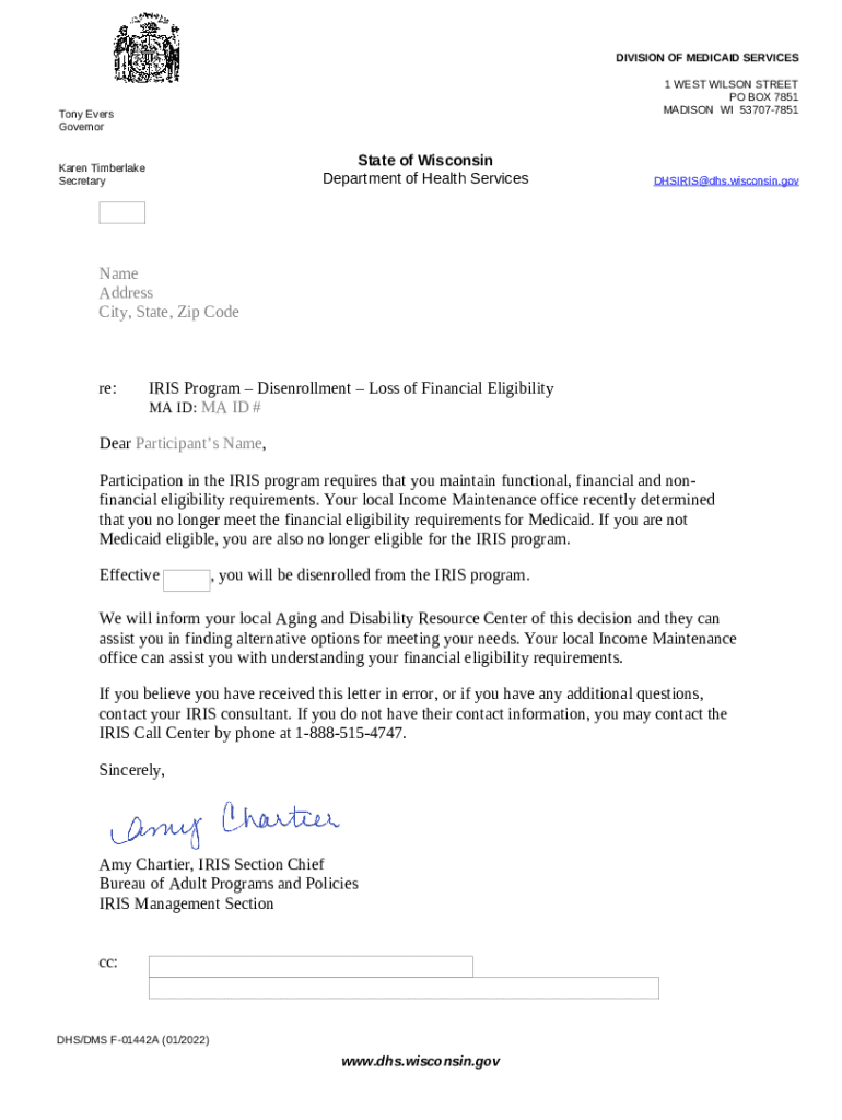 IRIS Disenrollment Letter - Financial Eligibility Doc Template | pdfFiller