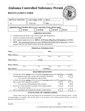 Fillable Online Alabama Controlled Substance Permit - REINSTATMENT FORM Fax Email Print - pdfFiller