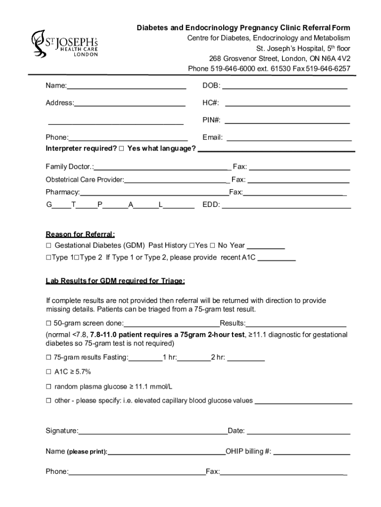 Fillable Online Diabetes and Endocrinology Pregnancy Clinic Referral ...