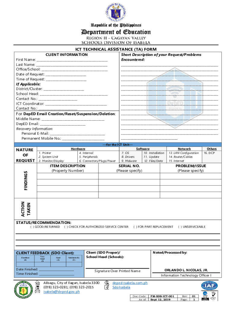 Fillable Online FM-SDS-ICT-001 REV 01 ICT Technical Assistance (TA ...