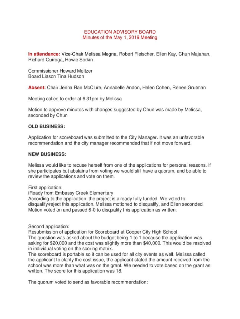 Fillable Online Vice-Chair Melissa Megna, Robert Fleischer, Ellen Kay ...