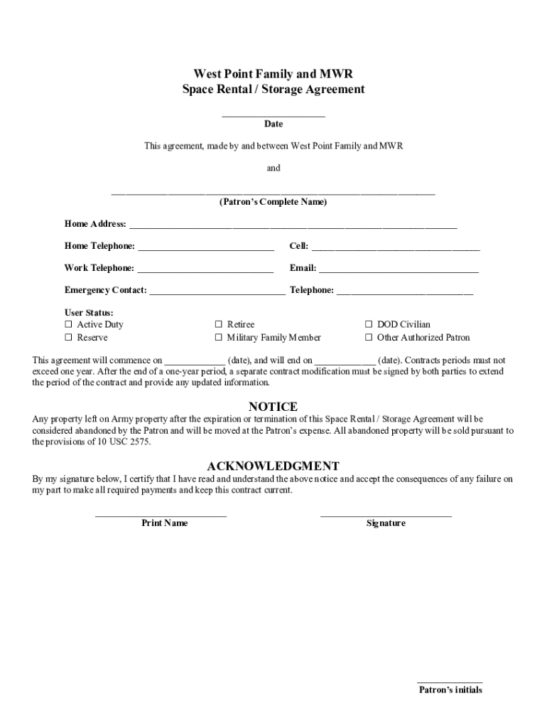 Fillable Online West Point Family and MWR Space Rental / Storage ...