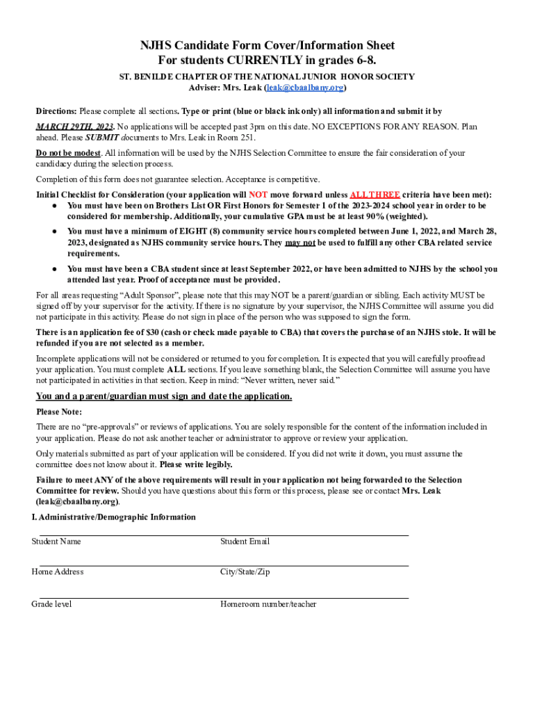 Fillable Online NJHS Candidate Information Form Instructions Fax Email ...