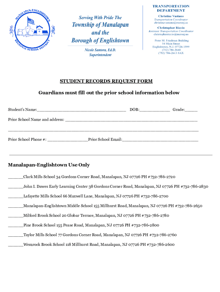 Fillable Online REQUEST FOR PRIOR SCHOOL RECORDS Fax Email Print - pdfFiller