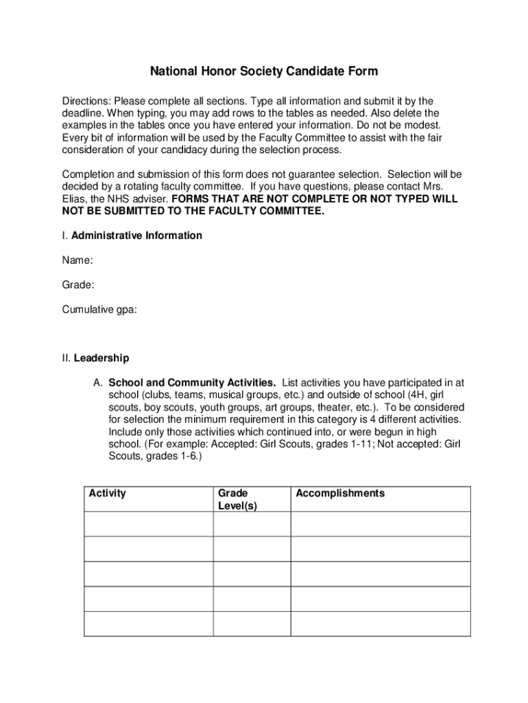 Fillable Online WHS National Honor Society Candidate Form ...