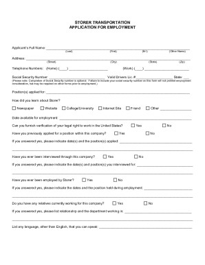 Fillable Online storer transportation service driver application for ...