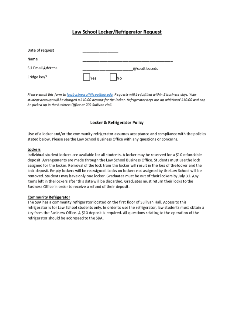 Fillable Online law seattleu Law School Locker/Refrigerator Request Fax ...