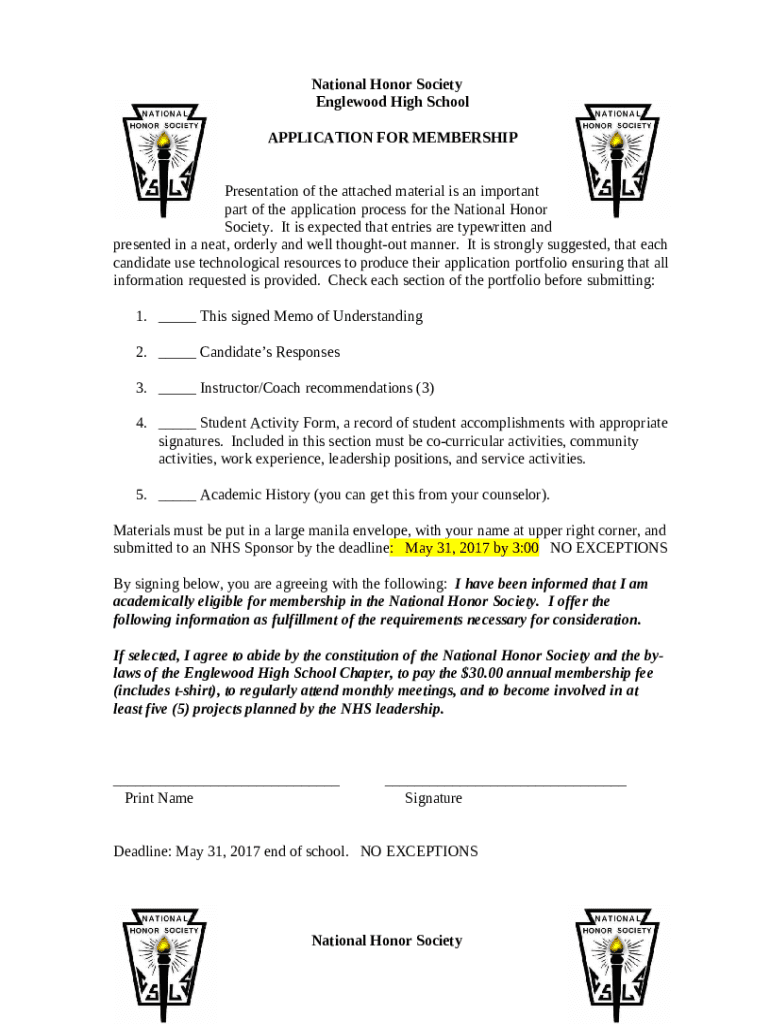 NATIONAL HONOR SOCIETY - Studylib Doc Template | pdfFiller