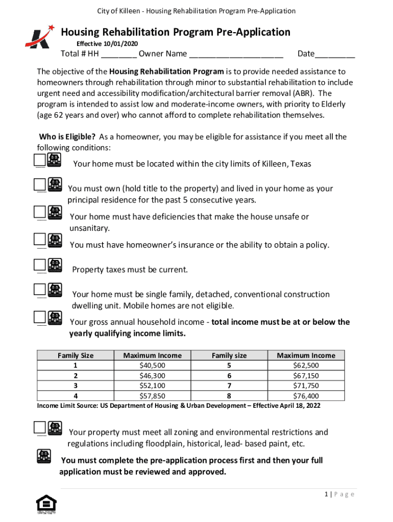 Fillable Online Housing Rehabilitation Program Pre-Application Fax ...