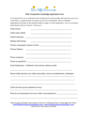 Fillable Online Kids' Cooperative Cambridge Application Form It is ...