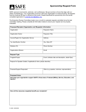Fillable Online Sponsorship Request Form - SAFE Credit Union Fax Email ...