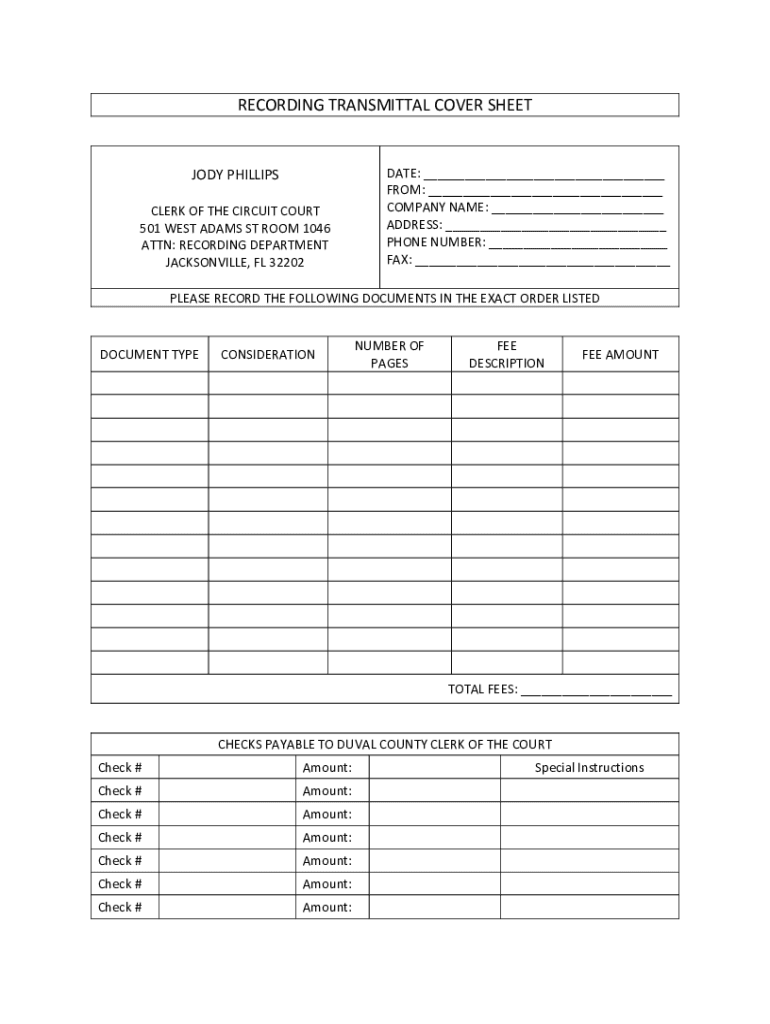 Fillable Online Fillable RECORDING TRANSMITTAL COVER SHEET JODY ... Fax ...
