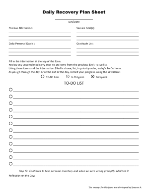 Fillable Online Daily Recovery Plan Sheet TO-DO LIST Fax Email Print ...
