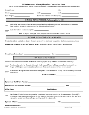 Fillable Online BVSD Return to School/Play After Concussion Form Fax ...