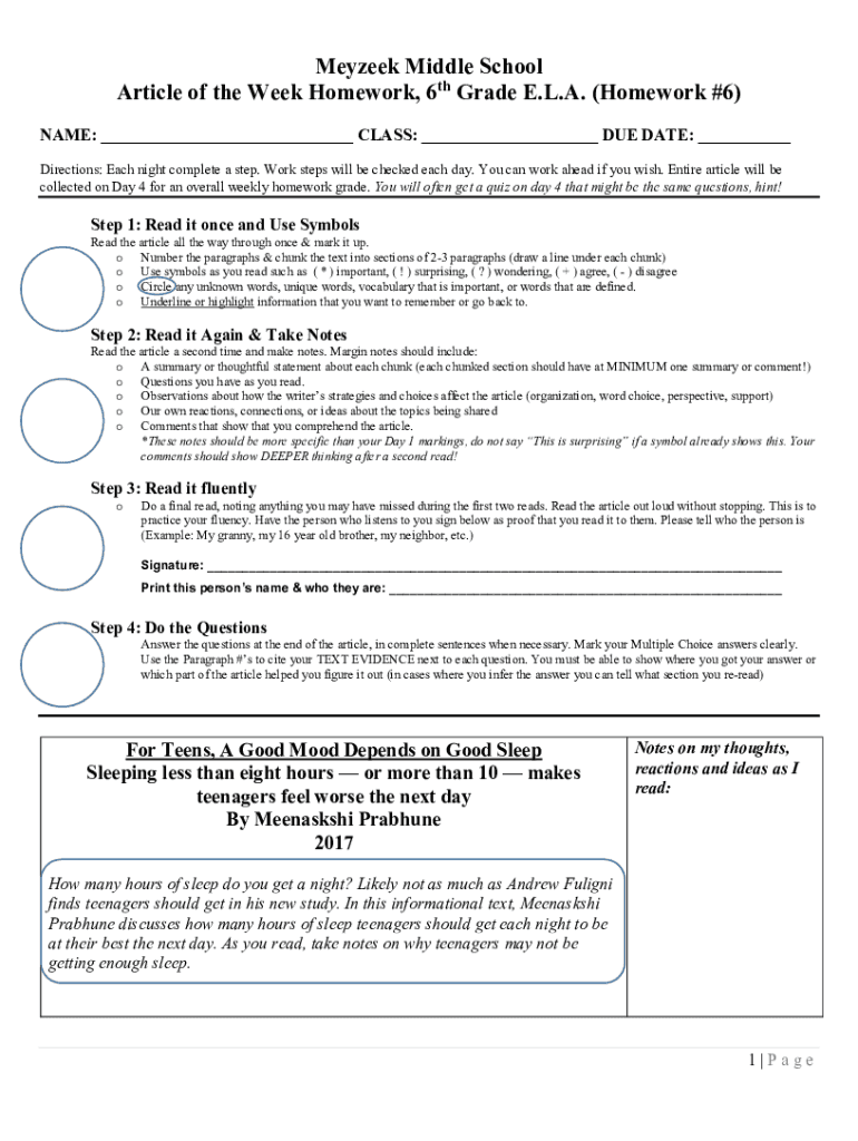Fillable Online Meyzeek Middle School Article of the Week Homework, 6 ...