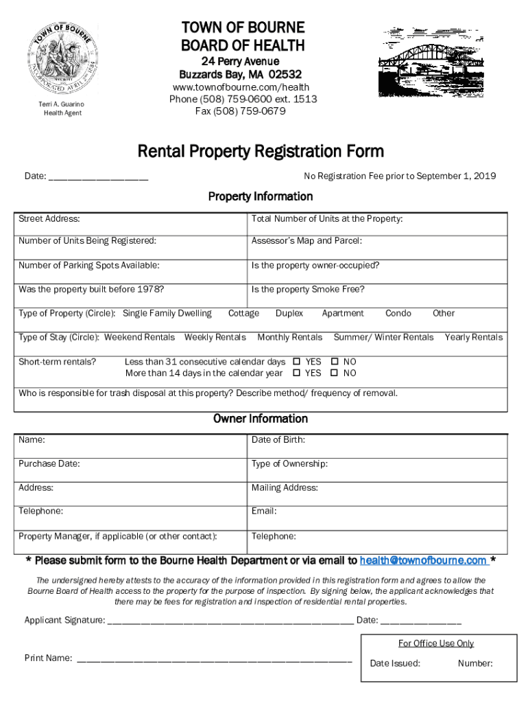 Fillable Online Rental Property Registration Form Town of Bourne Fax ...