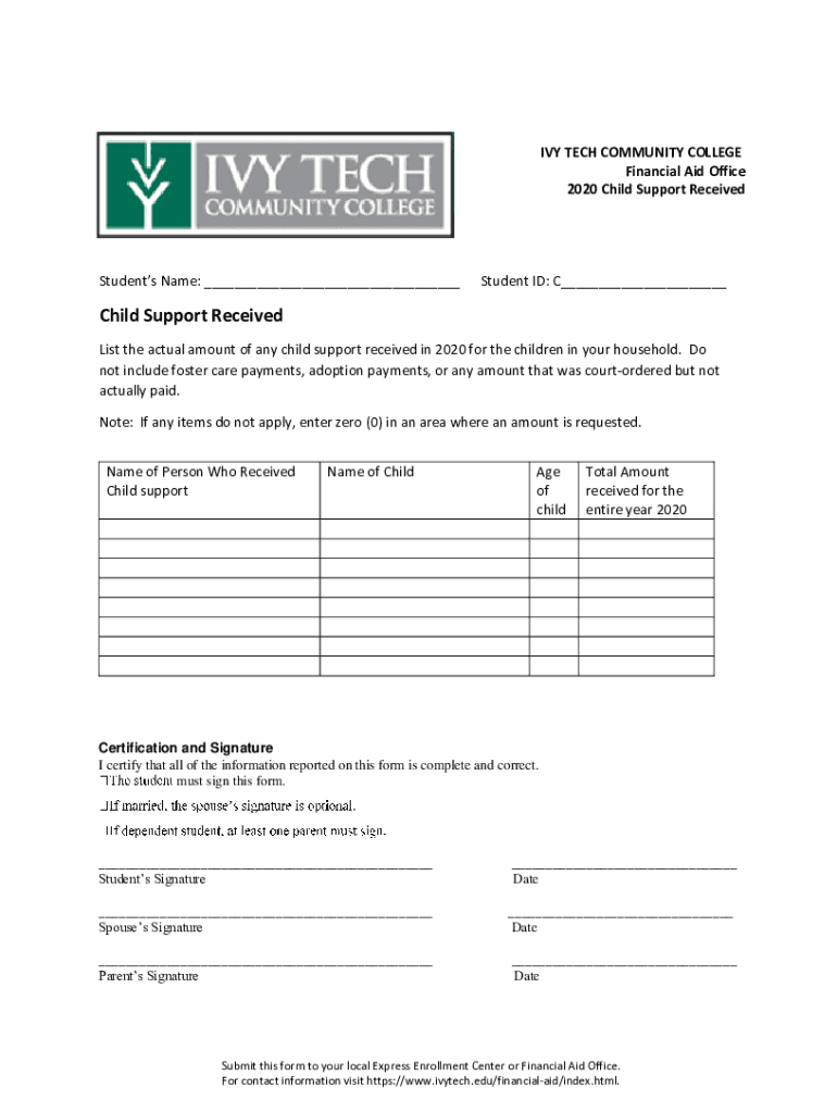 Fillable Online Child Support Received - Ivy Tech Fax Email Print - pdfFiller