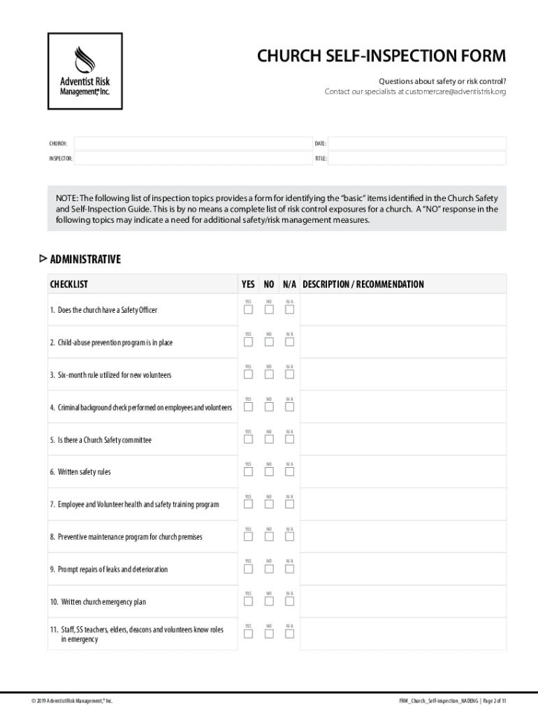 Fillable Online Church Self-Inspection Form - Adventist Risk Management ...