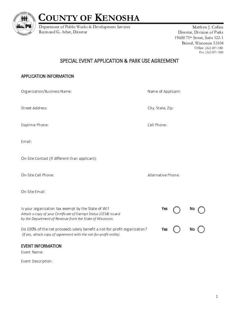 Fillable Online SPECIAL EVENT AND PARK USE AGREEMENT FORM ... Fax Email Print - pdfFiller