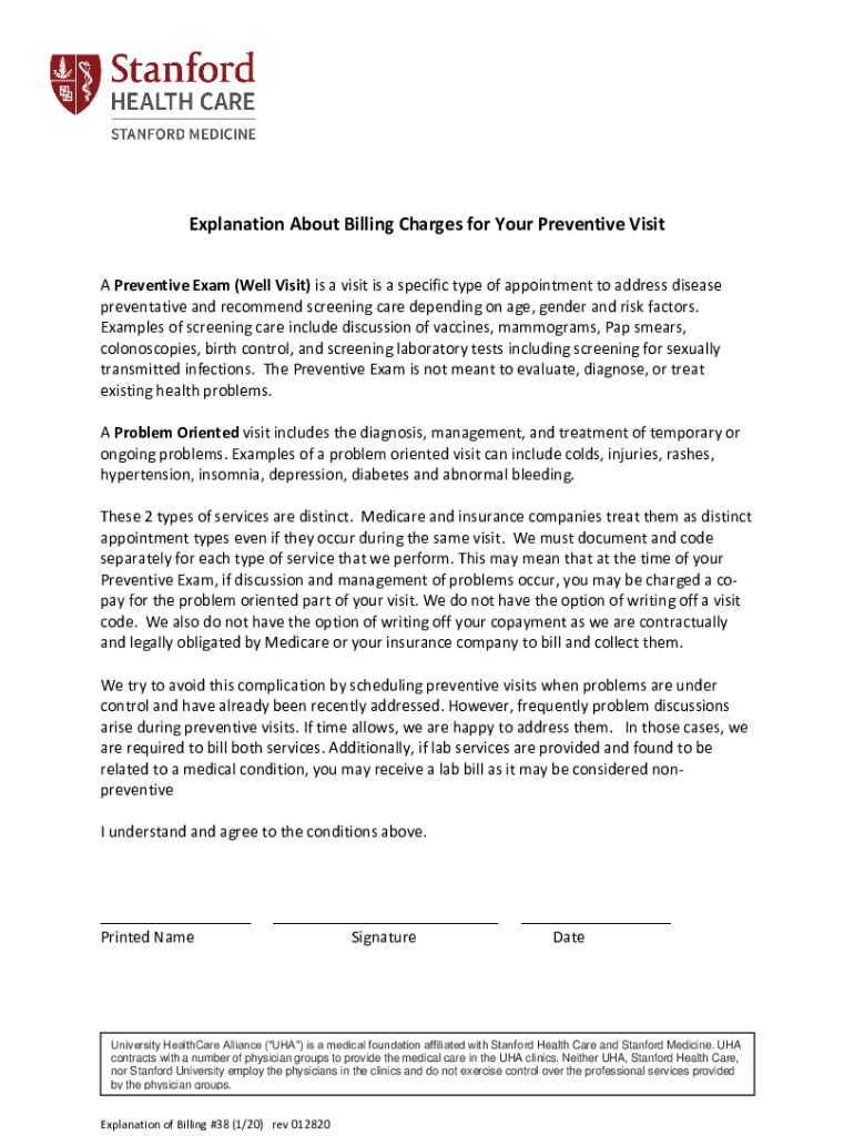 Fillable Online Explanation About Billing Charges for Your Preventive ...