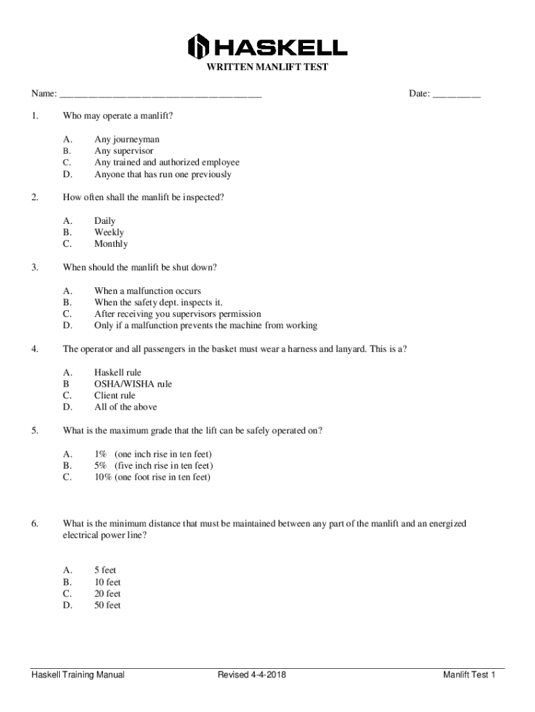 Fillable Online WRITTEN MANLIFT TEST Name: Date: 1. Who may operate ...
