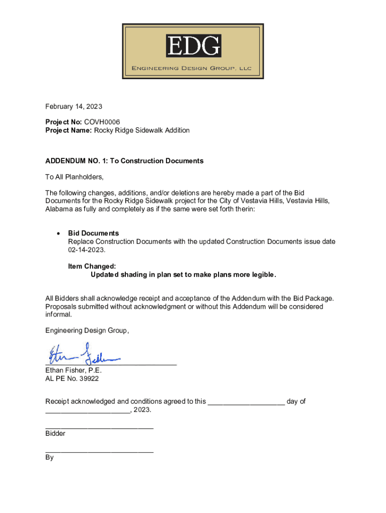 Fillable Online Rocky Ridge Sidewalk Addition ADDENDUM ... - Vestavia ...