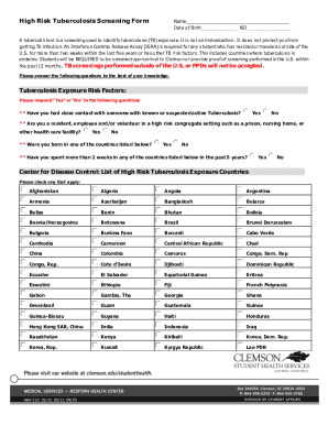 Fillable Online media clemson High Risk Tuberculosis Screening Form ...