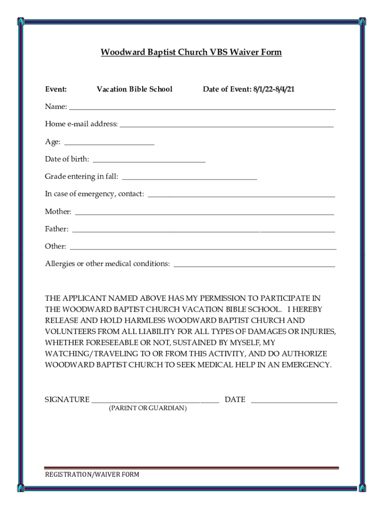 Fillable Online Woodward Baptist Church VBS Waiver Form Fax Email Print ...