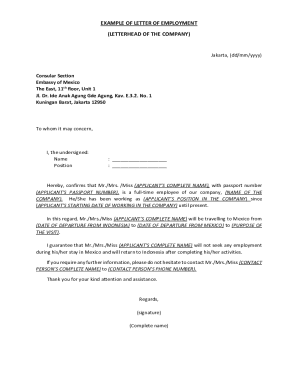 Fillable Online EXAMPLE OF LETTER OF EMPLOYMENT (LETTERHEAD OF THE ...