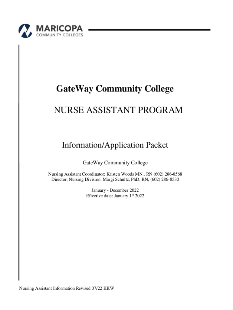Fillable Online GateWay Community College NURSE ASSISTANT PROGRAM Fax ...