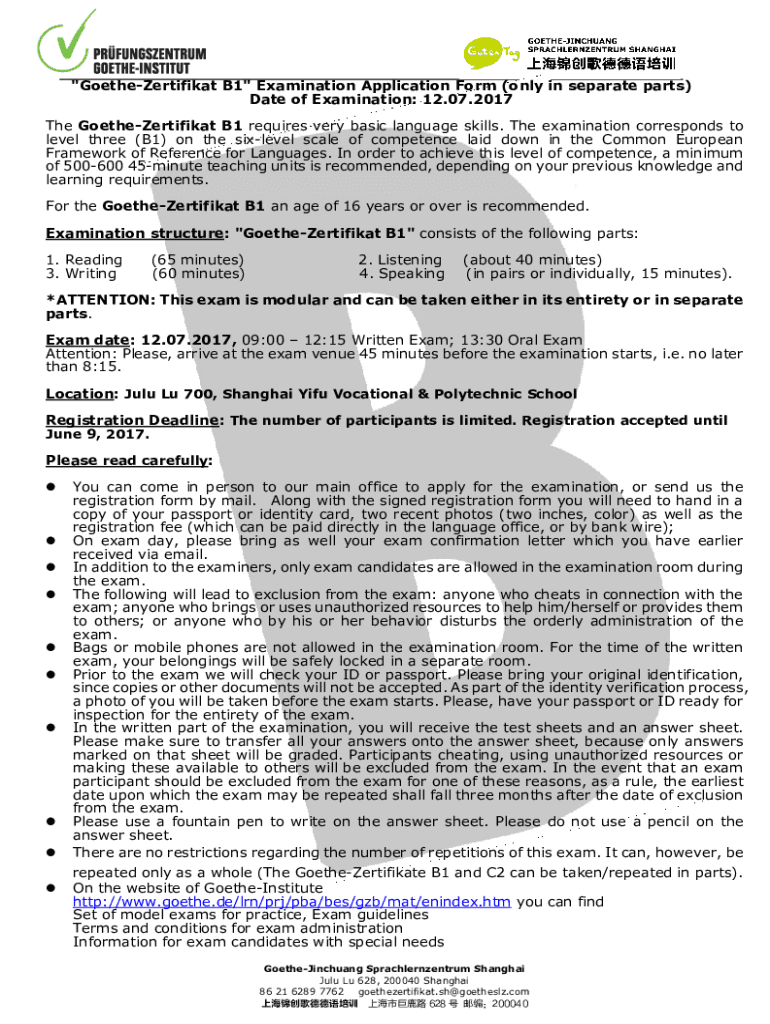 Fillable Online "Goethe-Zertifikat B1" Examination Application Form ...