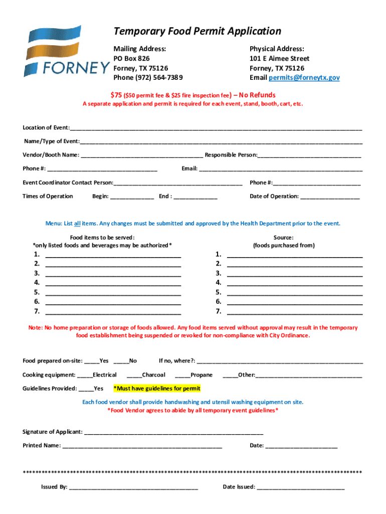 Fillable Online temporary food establishment permit application Fax ...