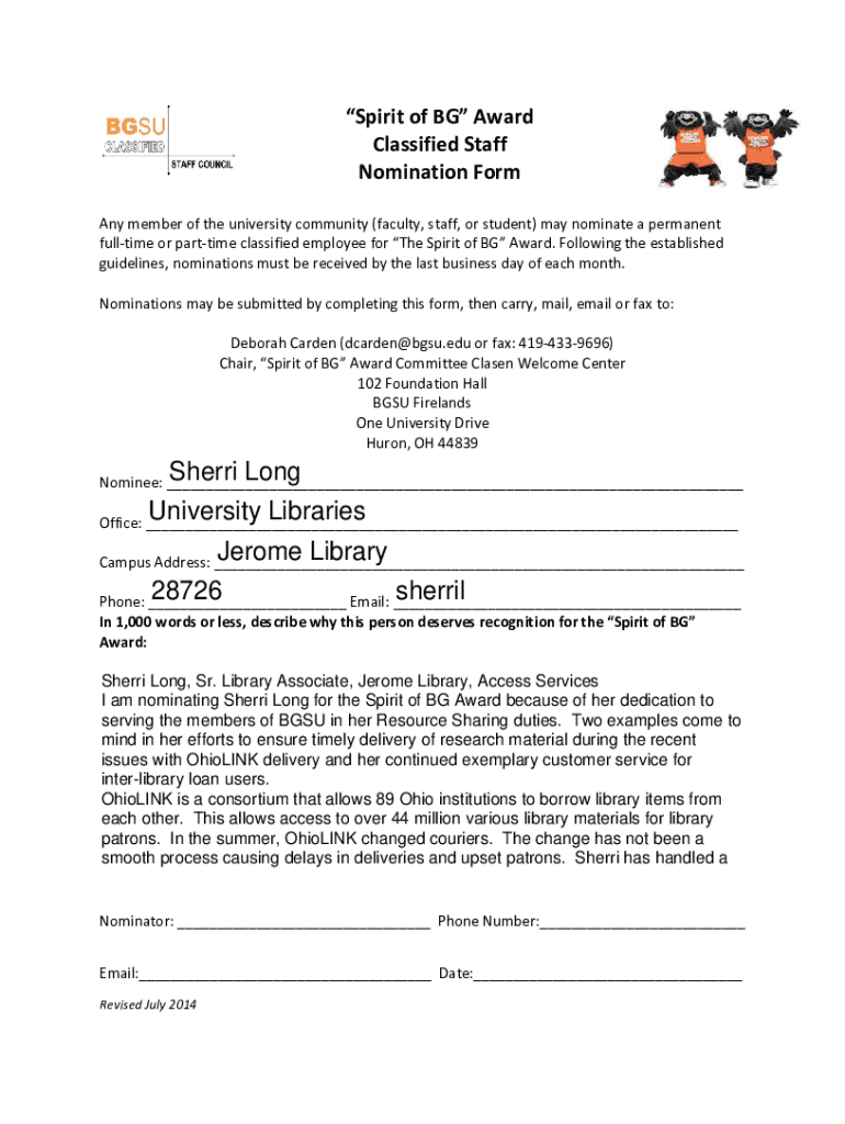 Fillable Online BGSU employees recognized through Spirit of BG awardBG ...