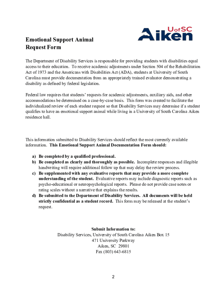 Fillable Online Emotional Support Animal Request Form - USC Aiken Fax Email Print - pdfFiller