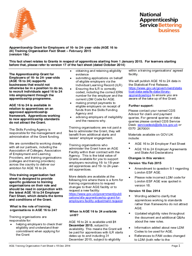 Fillable Online Apprenticeship Grant for Employers of 16 to 24 year olds (AGE ... Fax Email ...