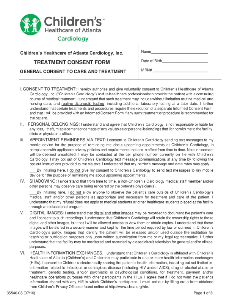 Fillable Online TREATMENT CONSENT FORM Fax Email Print - pdfFiller
