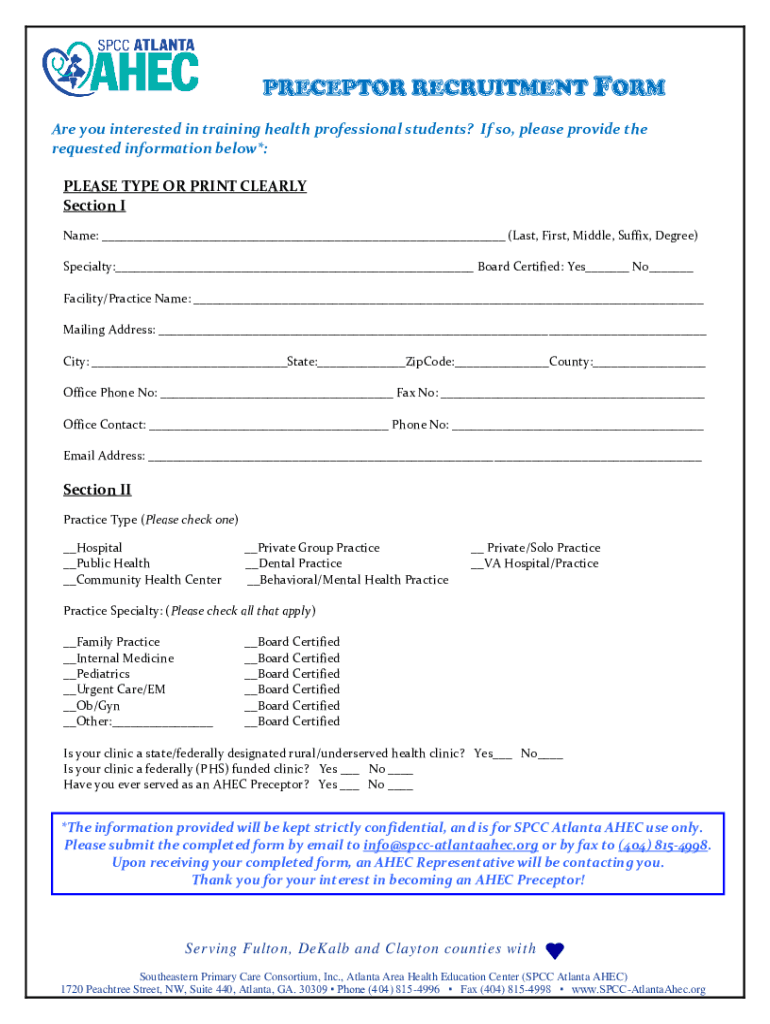 Fillable Online PRECEPTOR RECRUITMENT FORM - SPCC Atlanta AHEC Fax ...