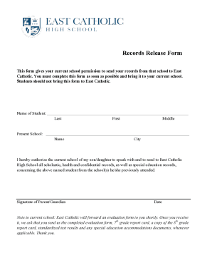 Fillable Online Records Release Form - East Catholic High School Fax ...