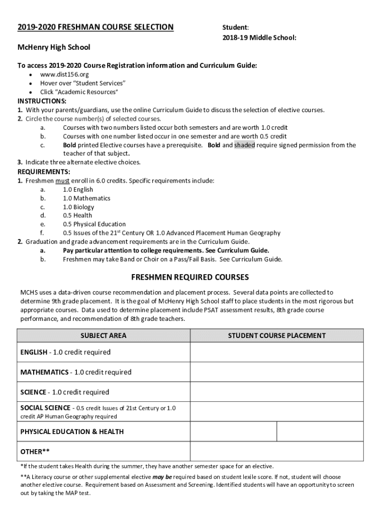 Fillable Online 2019-20 Freshman Course Selection Sheet.docx Fax Email Print - pdfFiller
