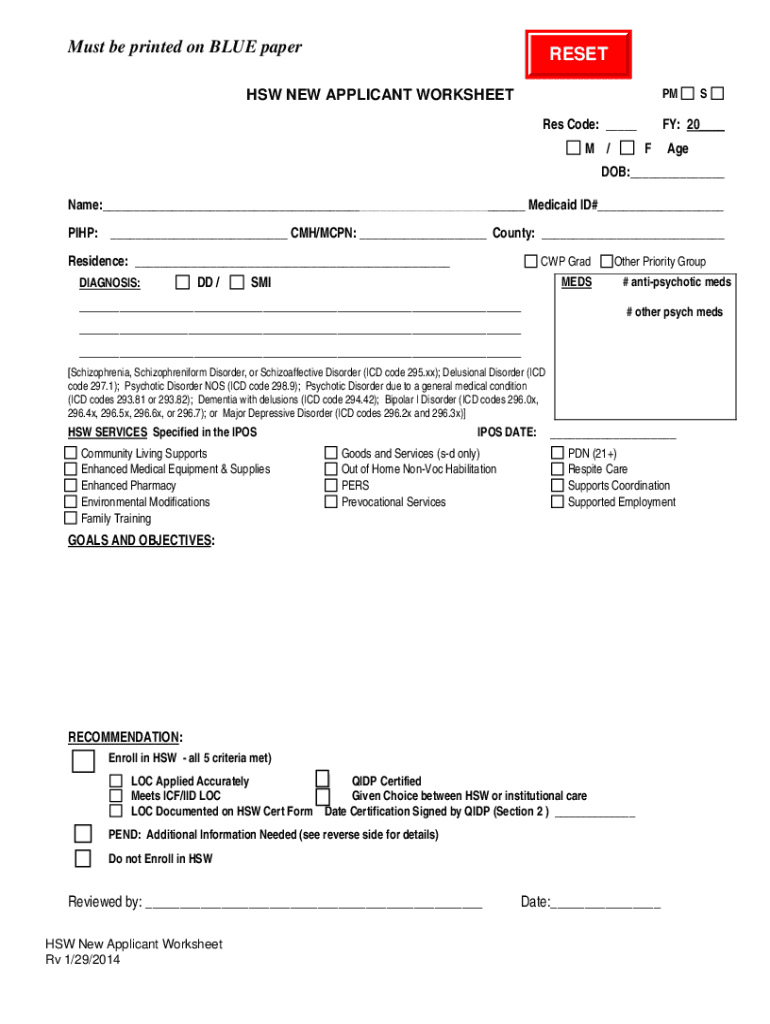 Fillable Online hsw new applicant worksheet - DWIHN Fax Email Print ...