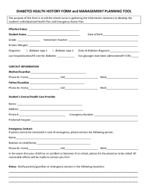 Fillable Online DIABETES HEALTH HISTORY FORM and MANAGEMENT ... Fax ...